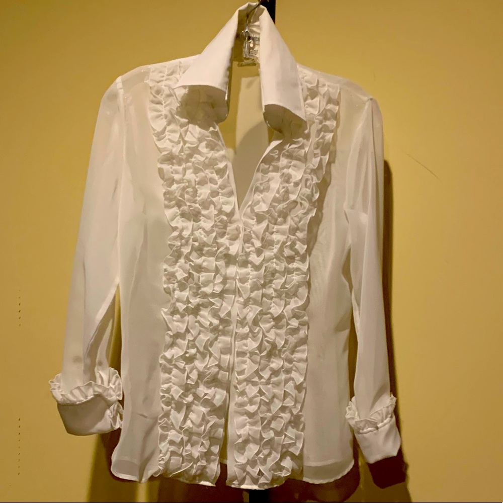 Vintage Nara Camiche Sheer Ruffled “Tuxedo” Blouse - Gem